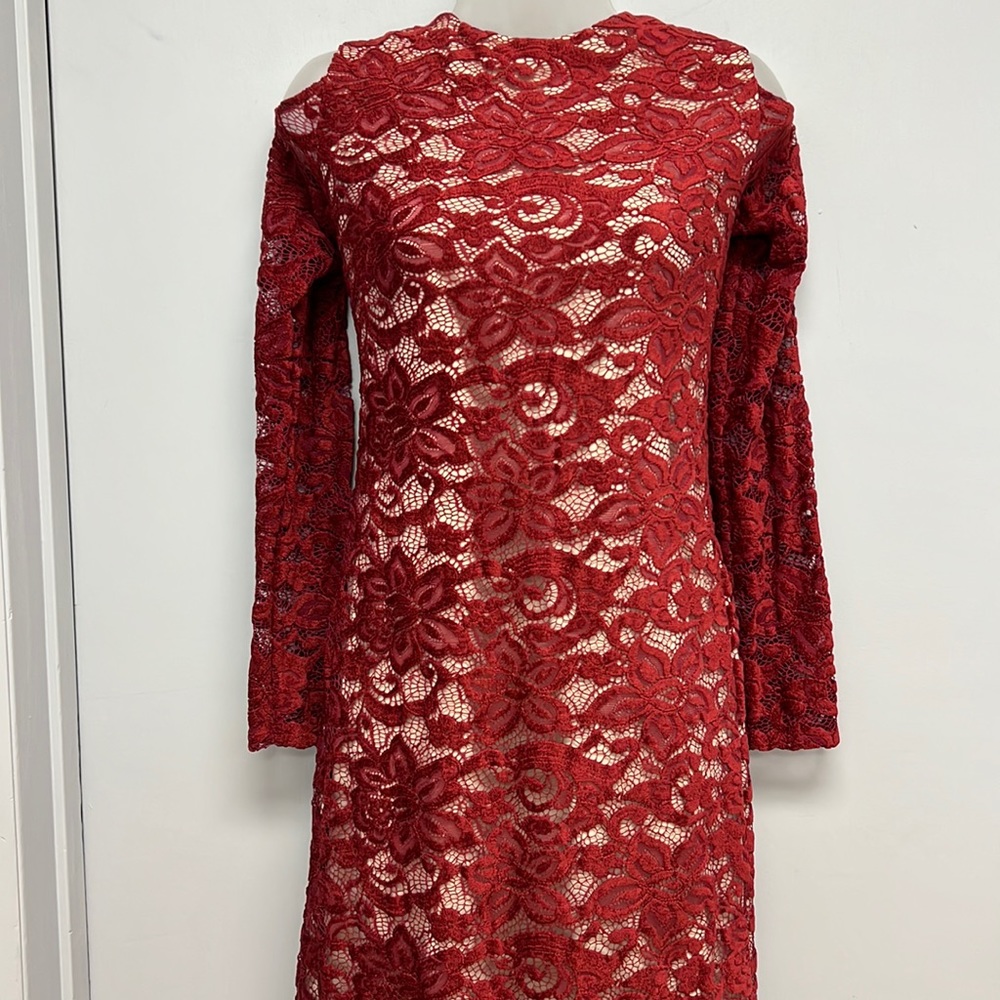 Alice Olivia Lace Overlayed Cold Shoulder Dress Gem